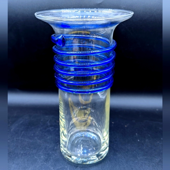 Vintage | Accents | Vtg Blenko Style Clear Glass Vase With Applied Blue Swirl Coil Rigaree ...